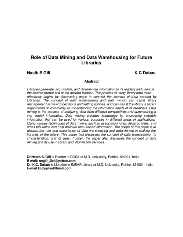 (PDF) Role of Data Mining and Data Warehousing for Future Libraries