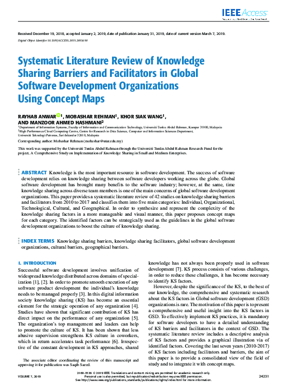 (PDF) Systematic Literature Review of Knowledge Sharing Barriers and Facilitators in Global ...