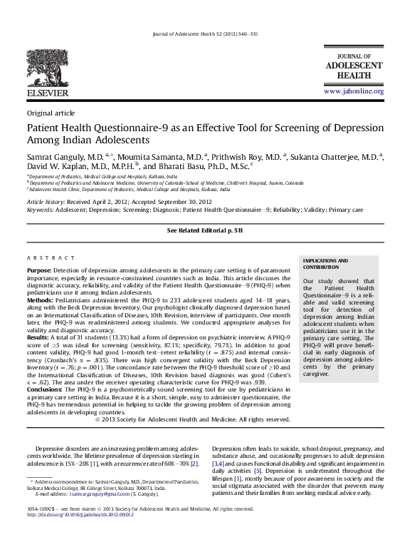 (PDF) Patient Health Questionnaire-9 as an Effective Tool for Screening ...