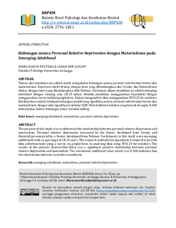 (PDF) Hubungan antara Personal Relative Deprivation dengan Materialisme pada Emerging Adulthood
