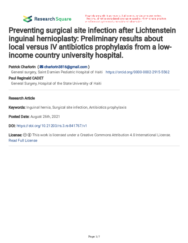 (PDF) Preventing surgical site infection after Lichtenstein inguinal ...