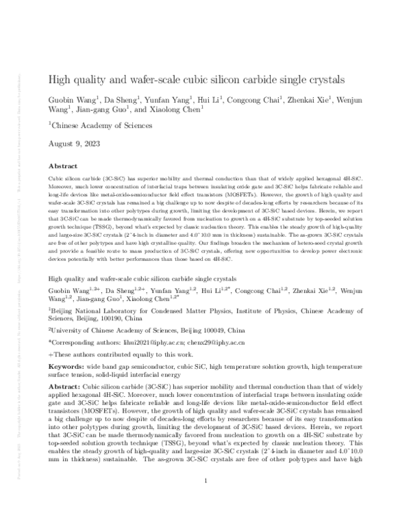 (PDF) High quality and wafer-scale cubic silicon carbide single crystals