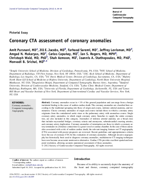 (PDF) Coronary CTA assessment of coronary anomalies