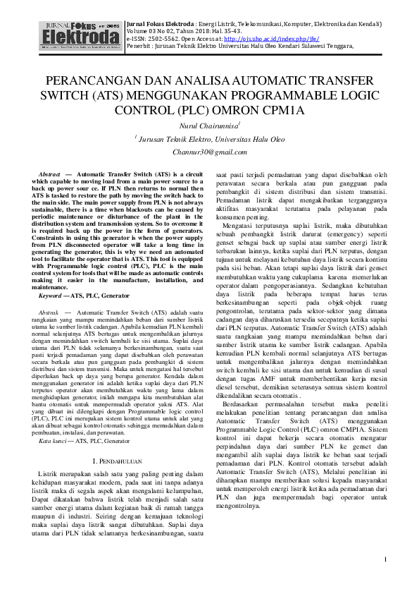 (PDF) Perancangan Dan Analisa Automatic Transfer Switch (Ats) Menggunakan Programmable Logic ...