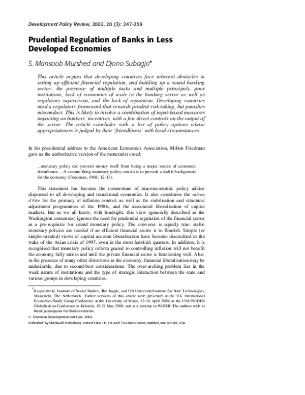 (PDF) Prudential Regulation of Banks in Less Developed Economies