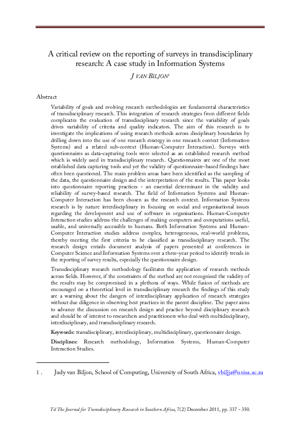 (PDF) A critical review on the reporting of surveys in transdisciplinary research: A case study ...