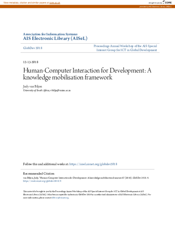 (PDF) Human-Computer Interaction for Development: A knowledge mobilisation framework