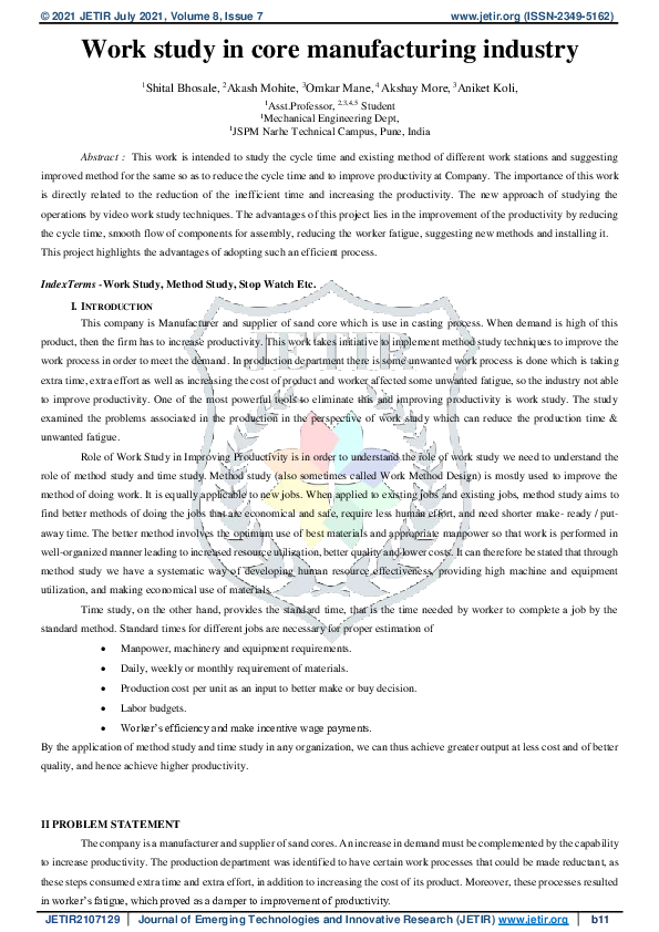 (PDF) Improving Productivity through Work and Time Study in Manufacturing