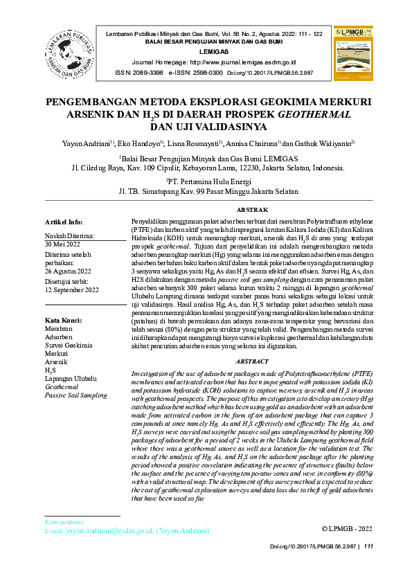 (PDF) Pengembangan Metoda Eksplorasi Geokimia Merkuri Arsenik Dan H2S DI Daerah Prospek ...
