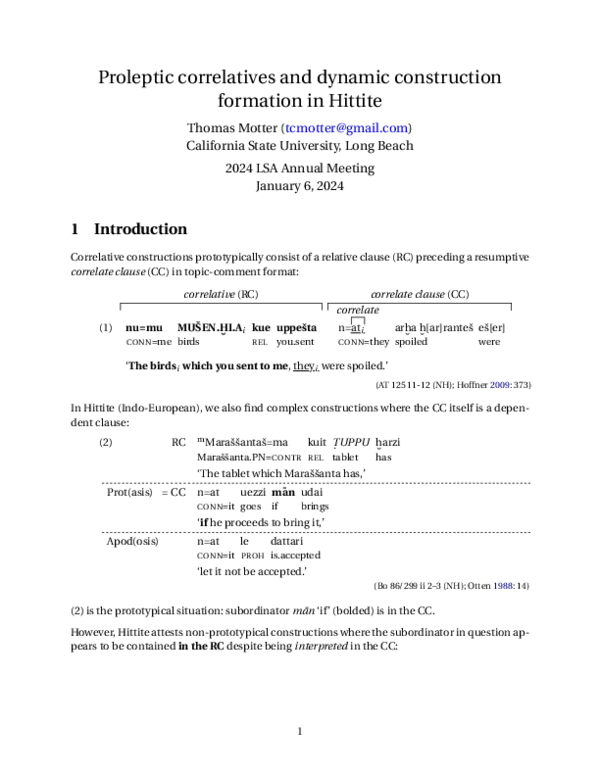 (PDF) Proleptic correlatives and dynamic construction formation in Hittite