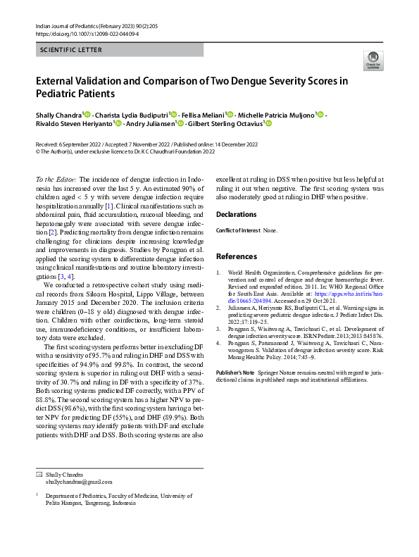 (PDF) External Validation and Comparison of Two Dengue Severity Scores in Pediatric Patients ...