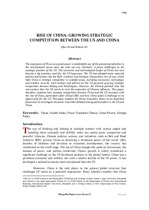 (PDF) Rise of China: Growing Strategic Competition Between the Us and China