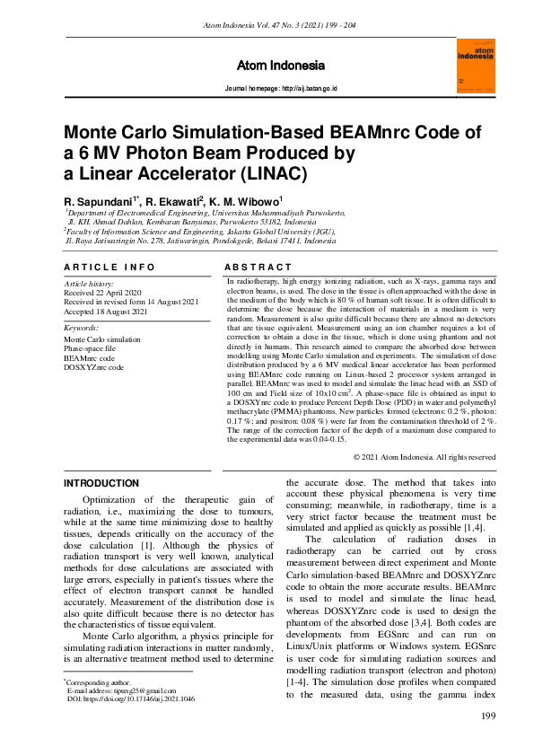 (PDF) Monte Carlo Simulation-Based BEAMnrc Code of a 6 MV Photon Beam Produced by a Linear ...
