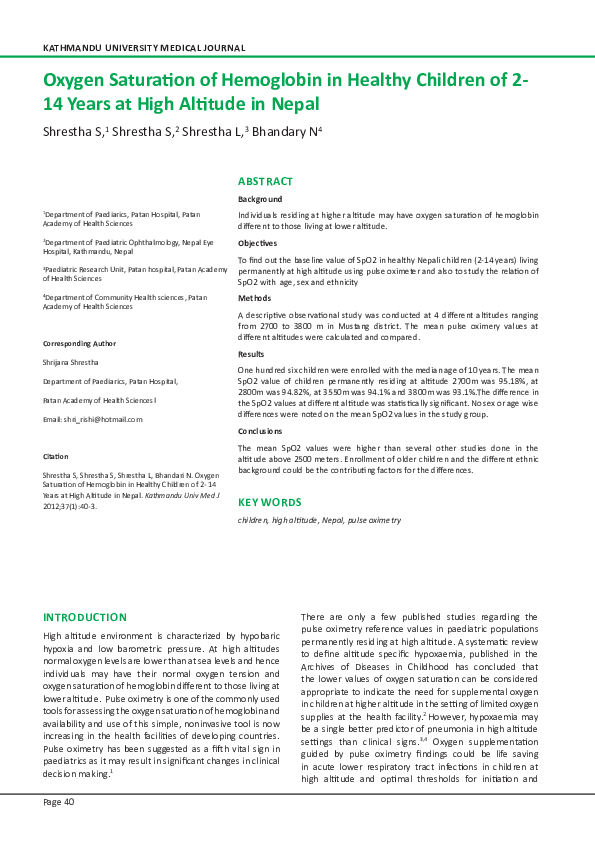 (PDF) Oxygen Saturation of Hemoglobin in Healthy Children of 2- 14 ...
