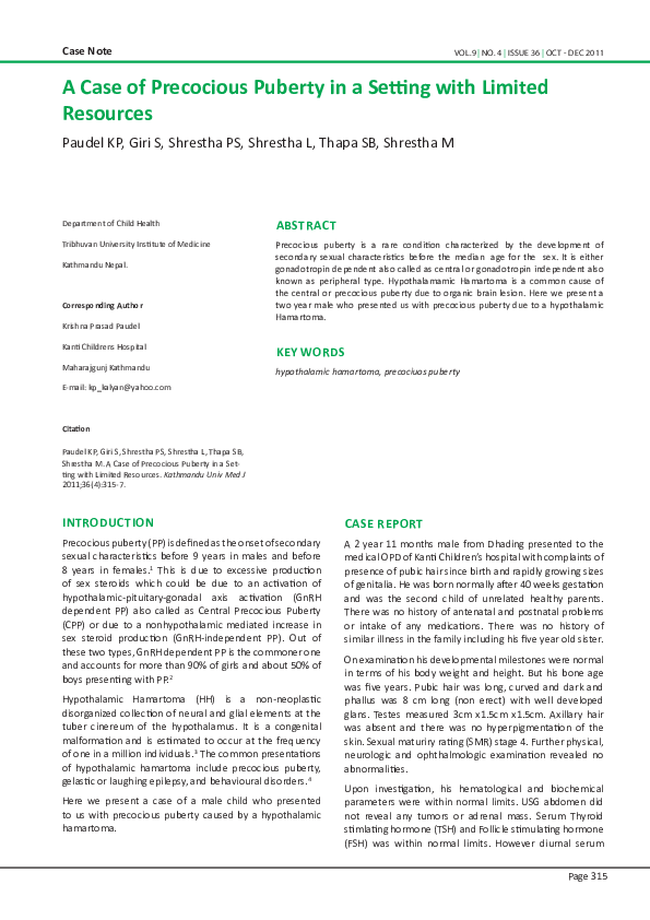 (PDF) A Case of Precocious Puberty in a Setting with Limited Resources