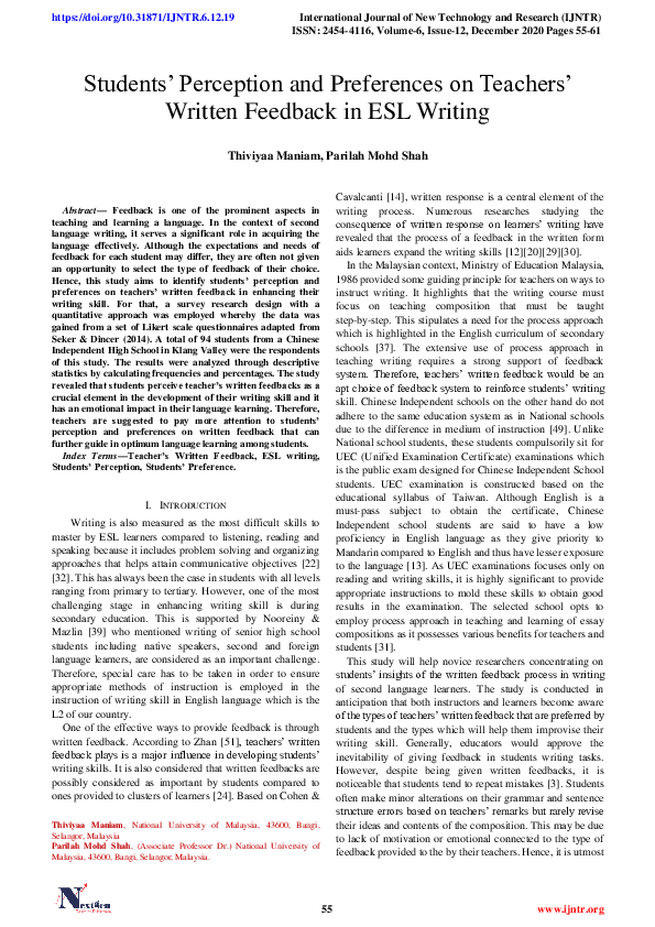 (PDF) Students‟ Perception and Preferences on Teachers‟ Written ...