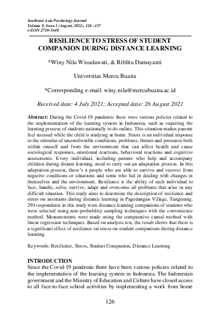 (PDF) RESILIENCE TO STRESS OF STUDENT COMPANION DURING DISTANCE LEARNING