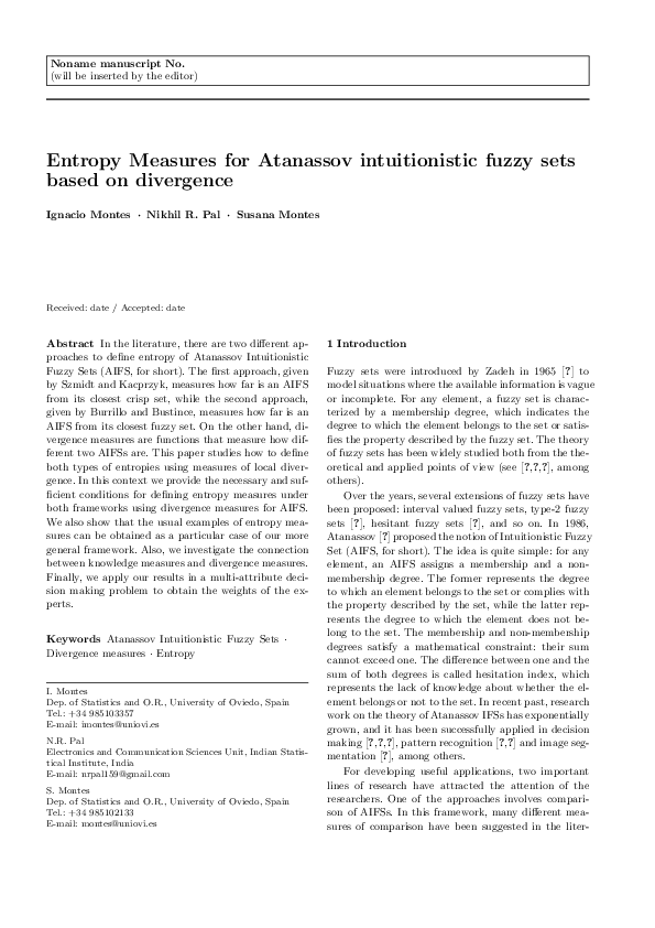 (PDF) Entropy measures for Atanassov intuitionistic fuzzy sets based on divergence