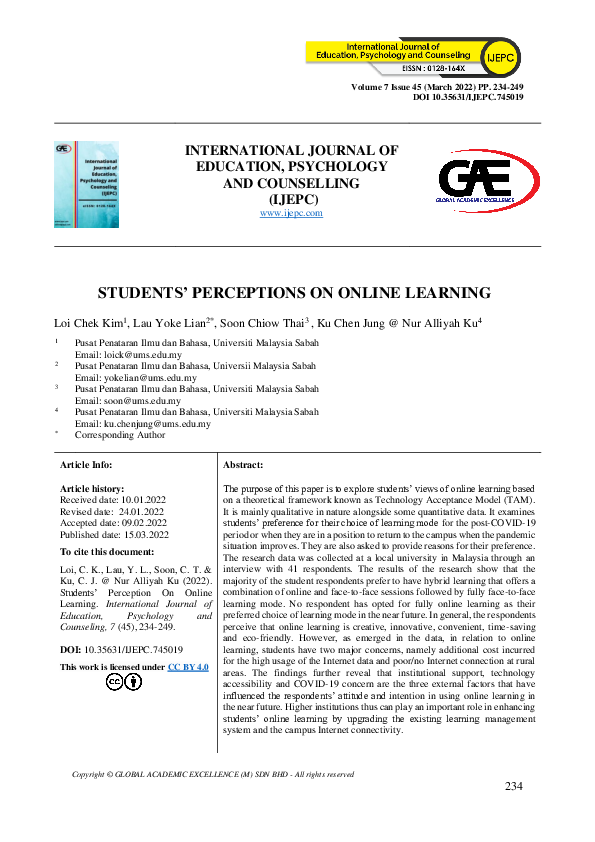 (PDF) Students’ Perceptions on Online Learning