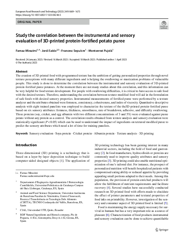 (PDF) Study the correlation between the instrumental and sensory evaluation of 3D-printed ...