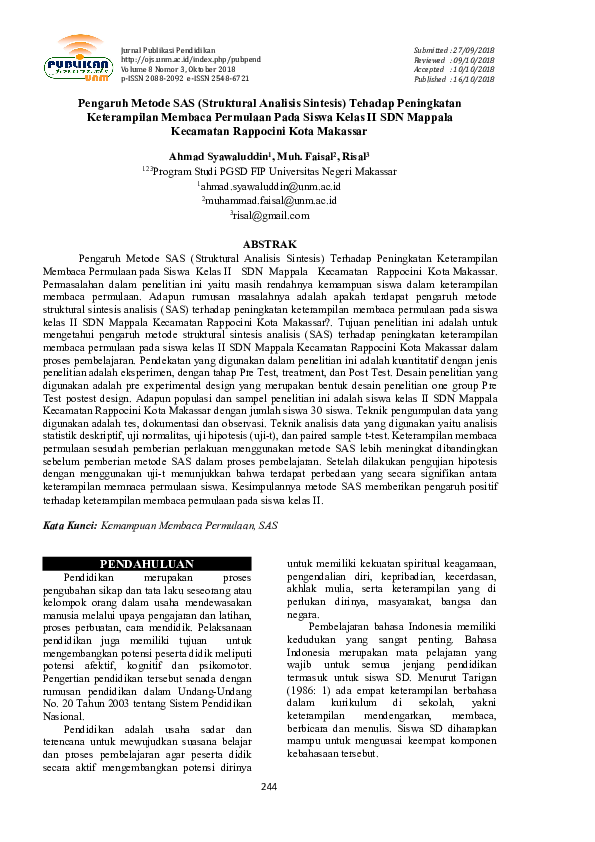 (PDF) Pengaruh Metode Sas (Struktural Analisis Sintesis) Tehadap ...