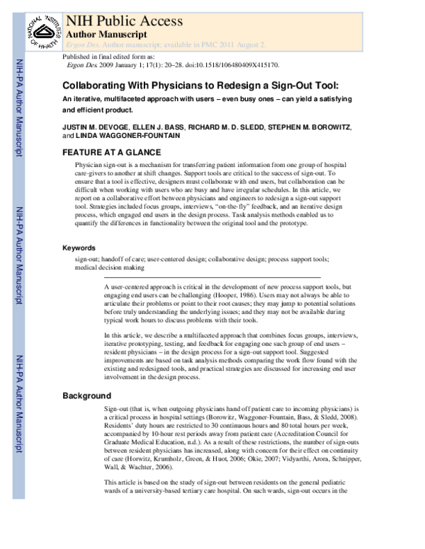 (PDF) Collaborating With Physicians to Redesign a Sign-Out Tool ...