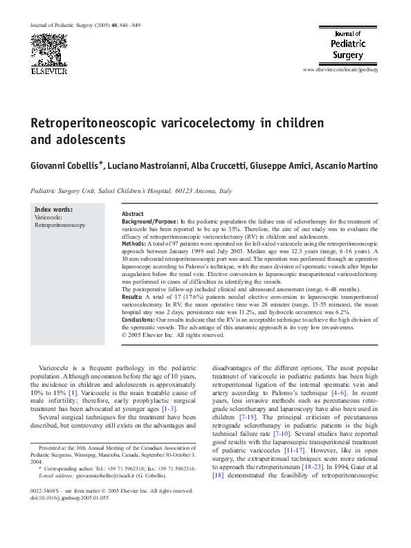 (PDF) Retroperitoneoscopic varicocelectomy in children and adolescents