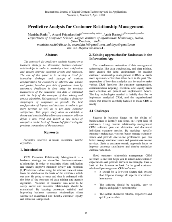 (PDF) Predictive Analysis for Customer Relationship Management | Manisha Rathi - Academia.edu