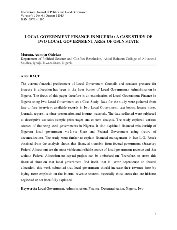 (PDF) Local Government Finance in Nigeria: A Case Study of Iwo Local ...