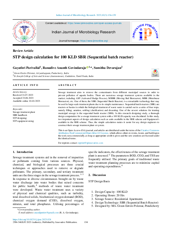 (PDF) STP design calculation for 100 KLD SBR (Sequential batch reactor