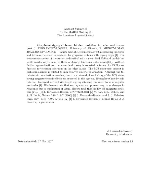 (PDF) Graphene zigzag ribbons: hidden multiferroic order and transport