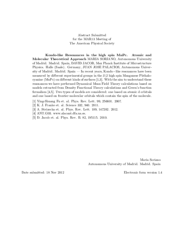 (PDF) Kondo-like Resonances in the high spin MnPc. Atomic and Molecular ... (PDF) Kondo-like Resonances in the high spin MnPc. Atomic and Molecular ...
