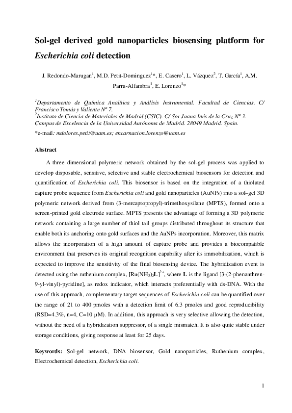 Pdf Sol Gel Derived Gold Nanoparticles Biosensing Platform For