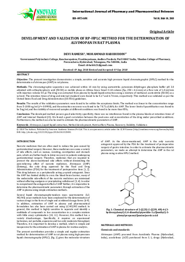 (PDF) Development and Validation of RP-HPLC Method for the Determination of Alvimopan in Rat Plasma