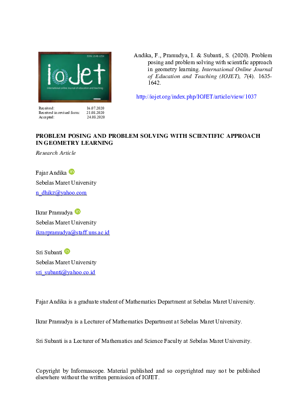 Pdf Problem Posing And Problem Solving With Scientific Approach In Geometry Learning