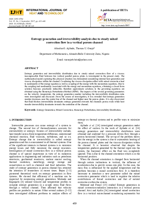 Pdf Entropy Generation And Irreversibility Analysis Due To Steady