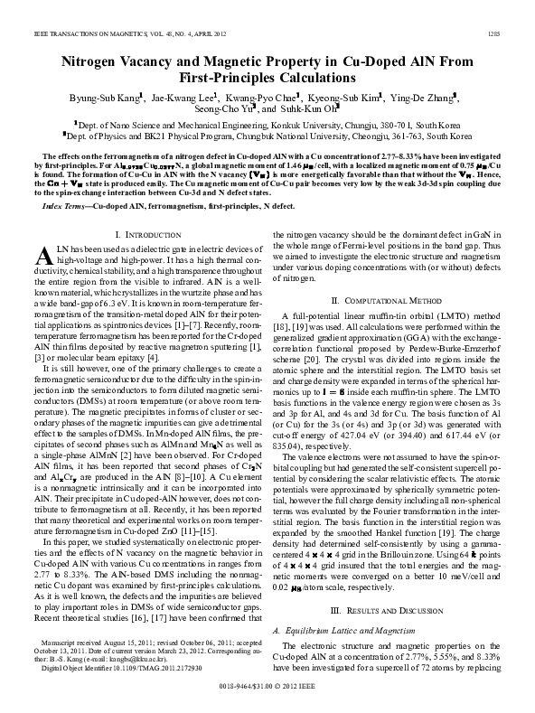 (PDF) Nitrogen Vacancy and Magnetic Property in Cu-Doped AlN From First-Principles Calculations ...