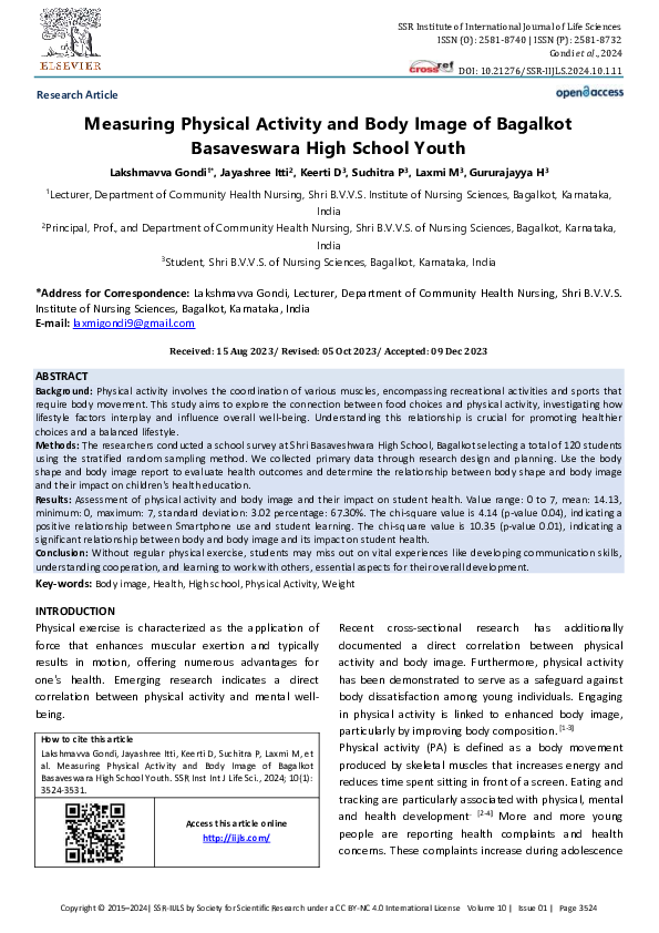 (PDF) Measuring Physical Activity Body Image Bagalkot High School Youth