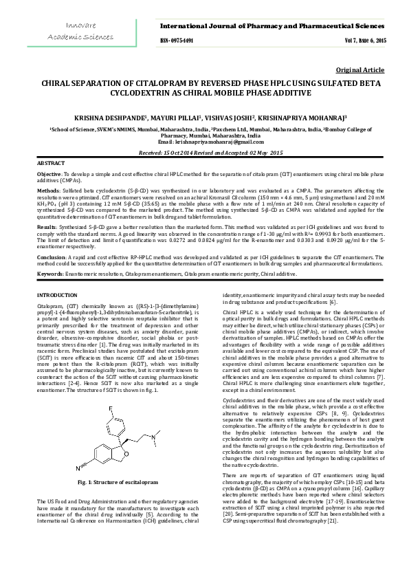 (PDF) CHIRAL SEPARATION OF CITALOPRAM BY REVERSED PHASE HPLC USING ...