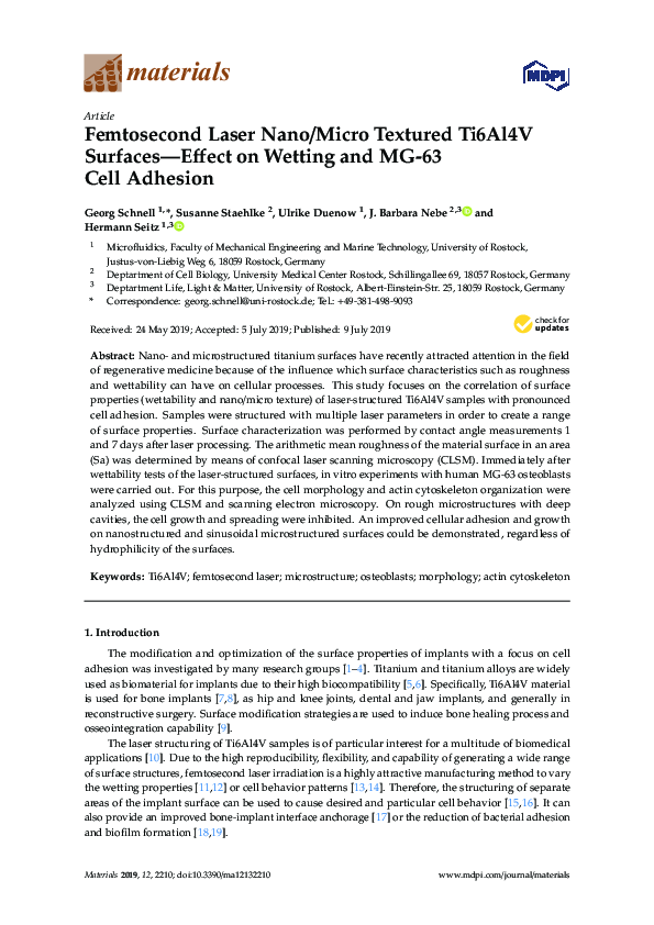 (PDF) Femtosecond Laser Nano/Micro Textured Ti6Al4V Surfaces—Effect on Wetting and MG-63 Cell ...