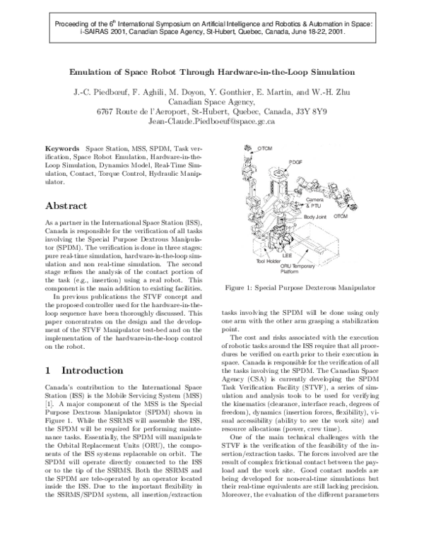 Pdf Emulation Of Space Robot Through Hardware In The Loop Simulation