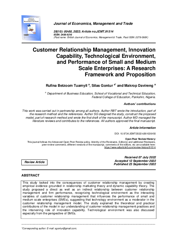 (PDF) Customer Relationship Management, Innovation Capability, Technological Environment, and ...