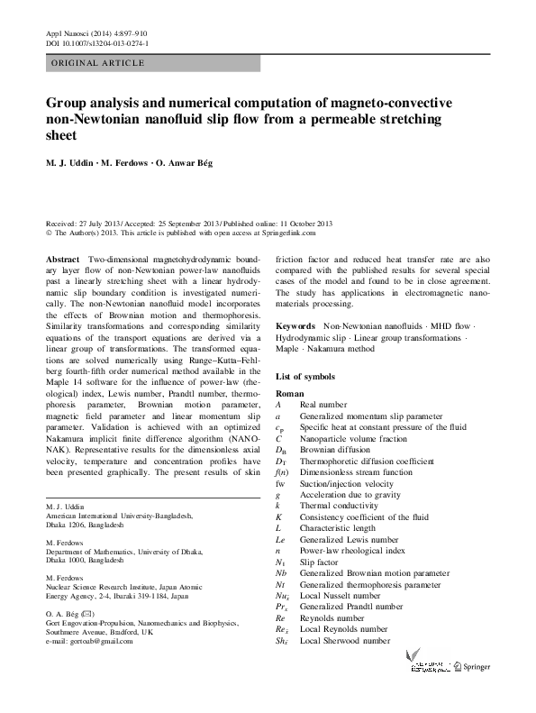 (PDF) Group analysis and numerical computation of magneto-convective non-Newtonian nanofluid ...