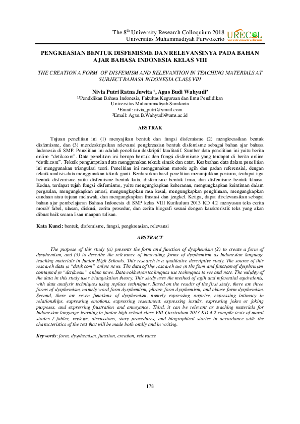 (PDF) Pengkeasian Bentuk Disfemisme dan Relevansinya pada Bahan Ajar Bahasa Indonesia Kelas VIII
