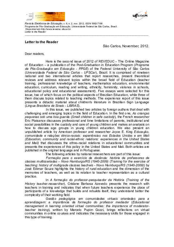 (PDF) Letter to the Reader
