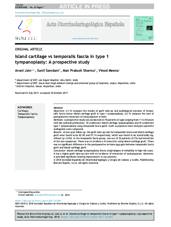 (PDF) Island cartilage vs temporalis fascia in type 1 tympanoplasty: A ...
