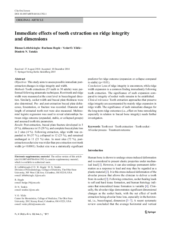(PDF) Immediate effects of tooth extraction on ridge integrity and ...