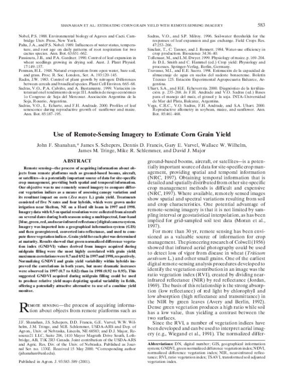 (PDF) Use of Remote‐Sensing Imagery to Estimate Corn Grain Yield