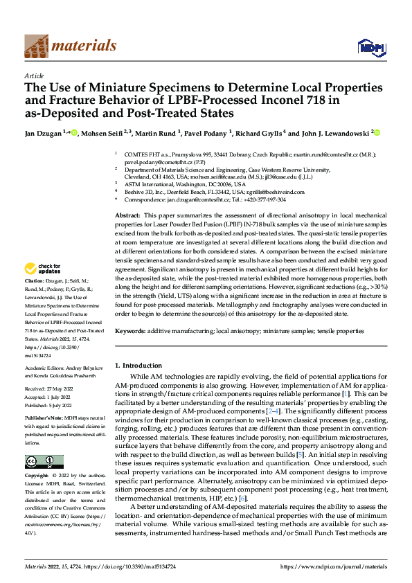 (PDF) The Use of Miniature Specimens to Determine Local Properties and Fracture Behavior of LPBF ...