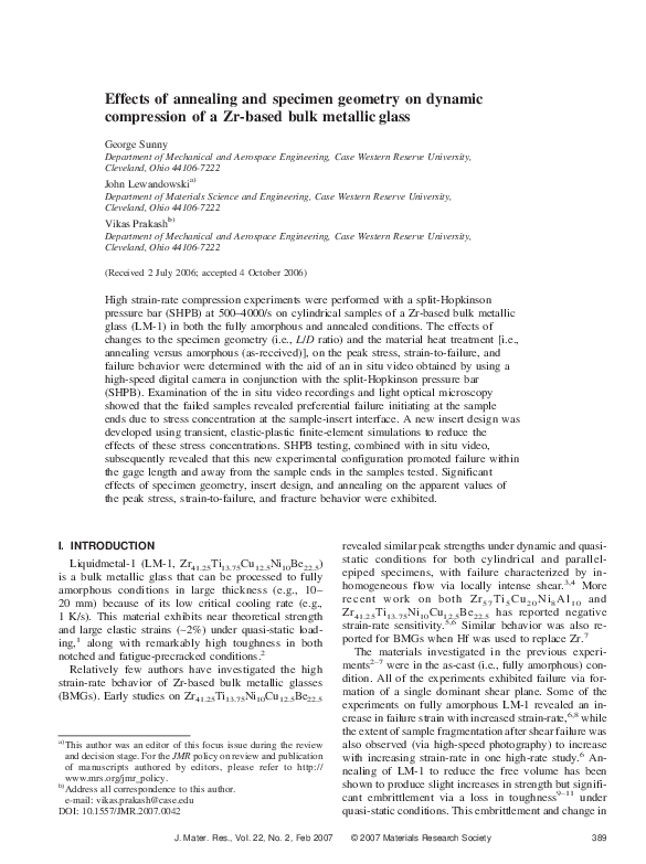 (PDF) Effects of annealing and specimen geometry on dynamic compression of a Zr-based bulk ...